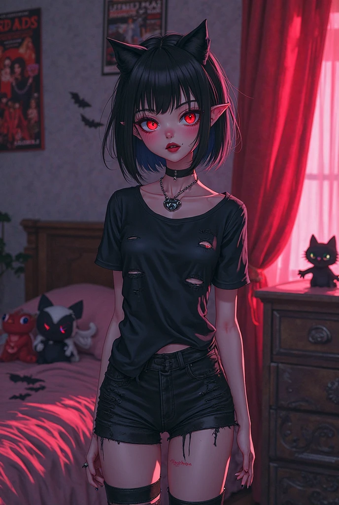 A petite gothic vampire woman with messy jet-black bob haircut and ...