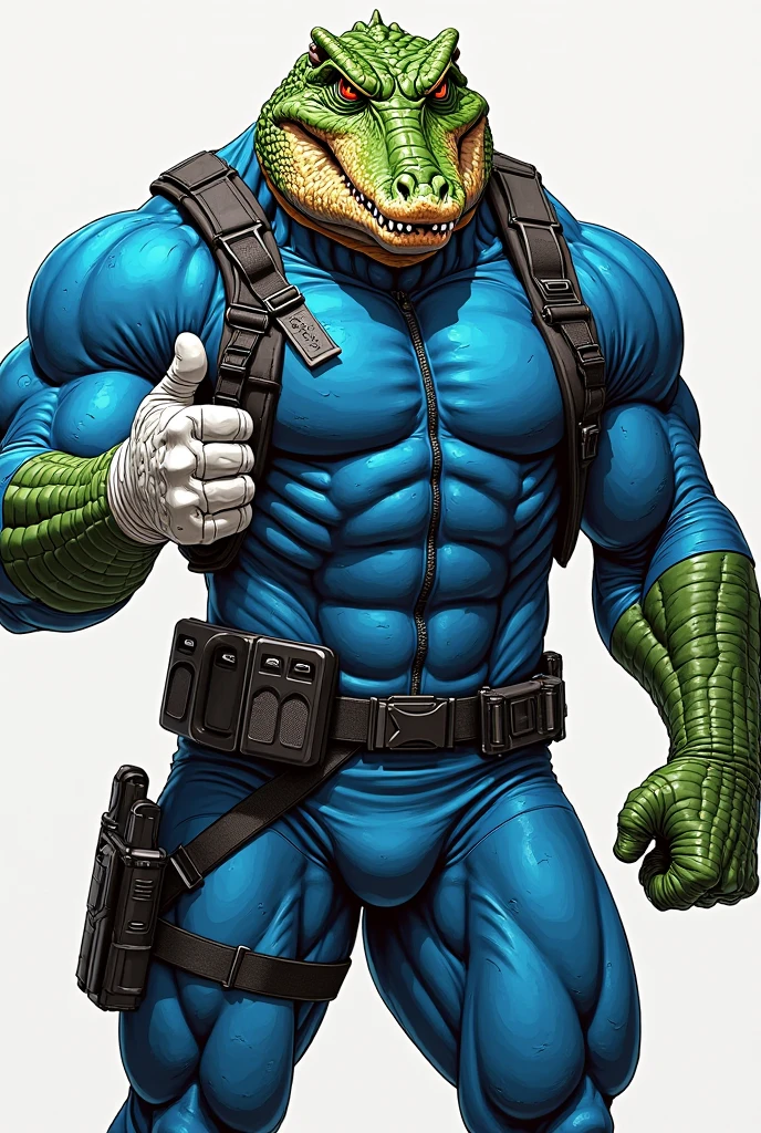 (A rugged beefy extremely muscular bulky crocodile man), (wearing blue ...