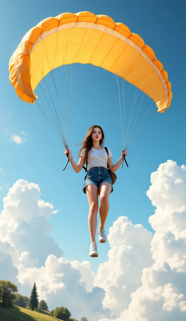 Beautiful girl with big , Paragliding, flying through the sky - SeaArt AI