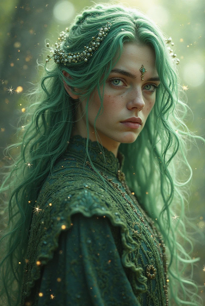 Long light green hair and green eyes. Beautiful man with a slender ...