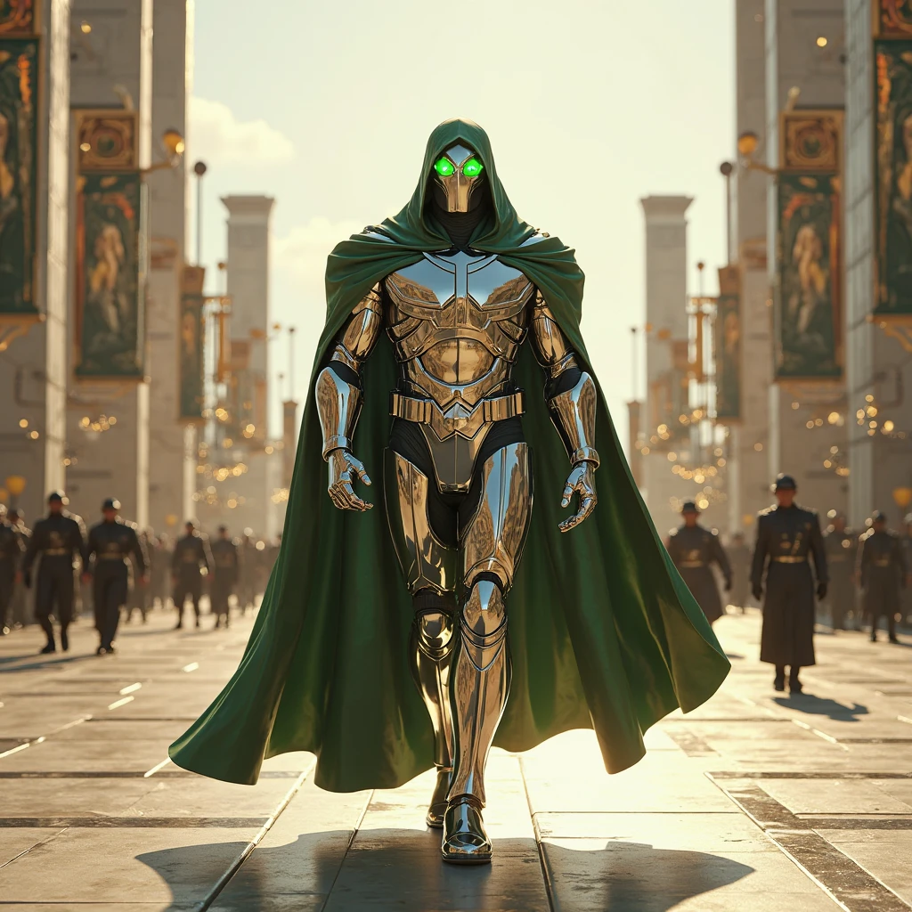 A hyper-realistic 3D render of Doctor Doom walking confidently through ...