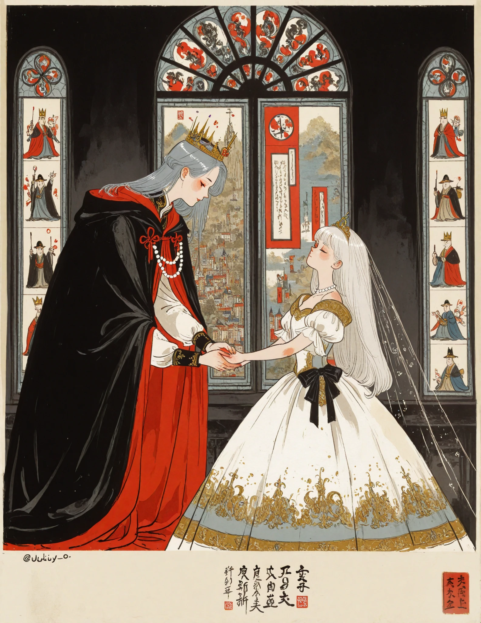 At a medieval European style ball、The prince and princess hold hands ...