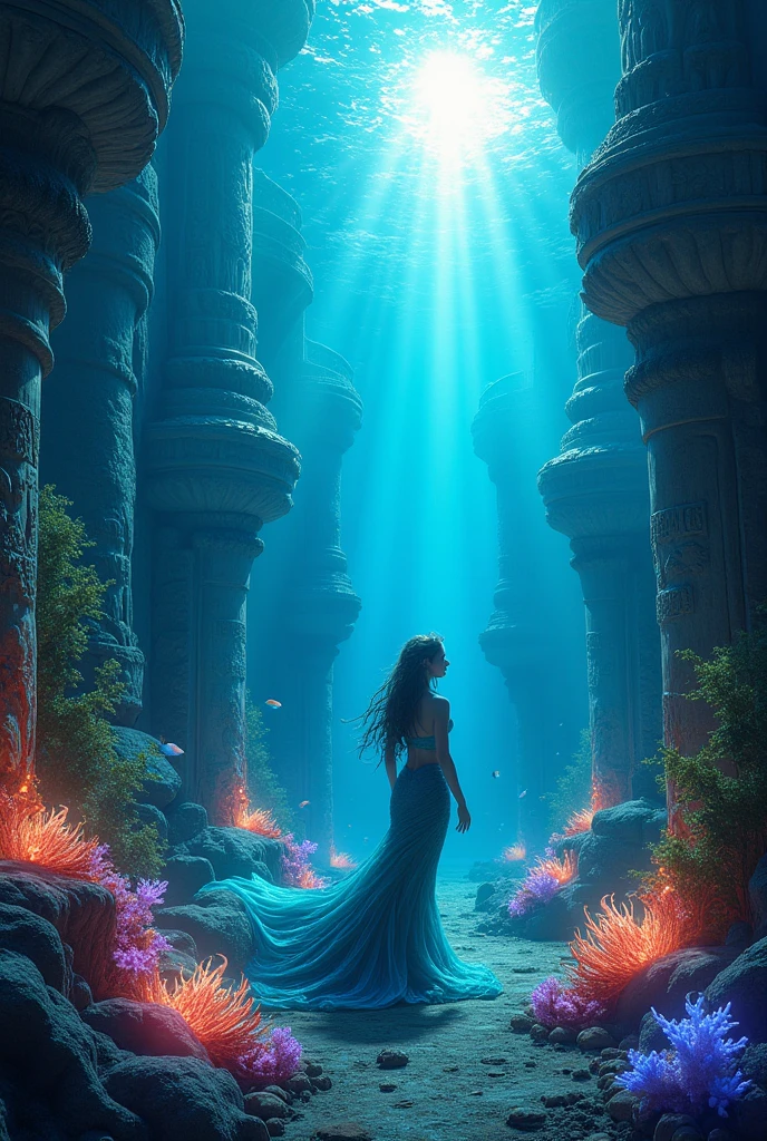 "An enchanted underwater kingdom illuminated by glowing sea flora ...