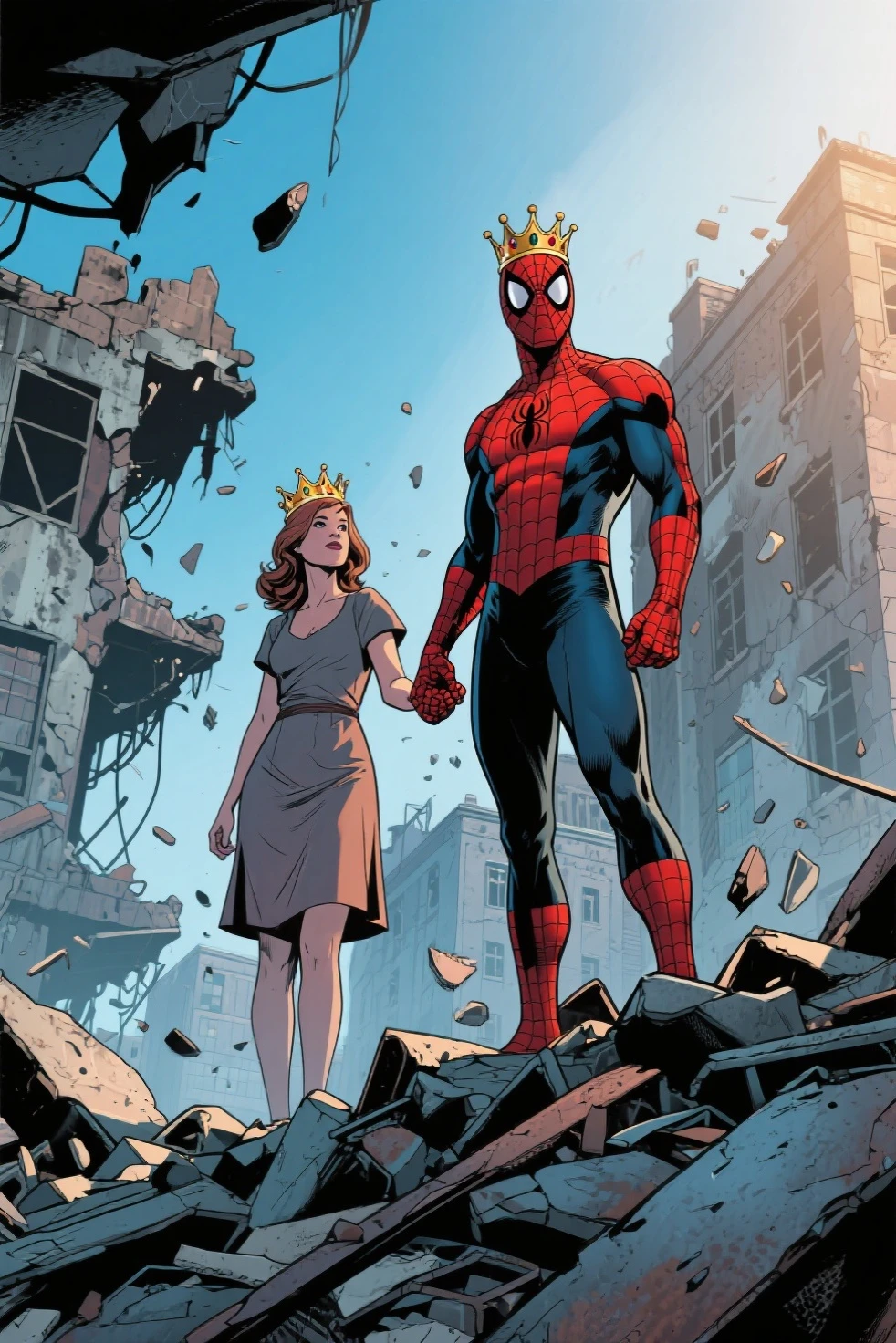 Spiderman with crown standing on the rubble of a destroyed building ...