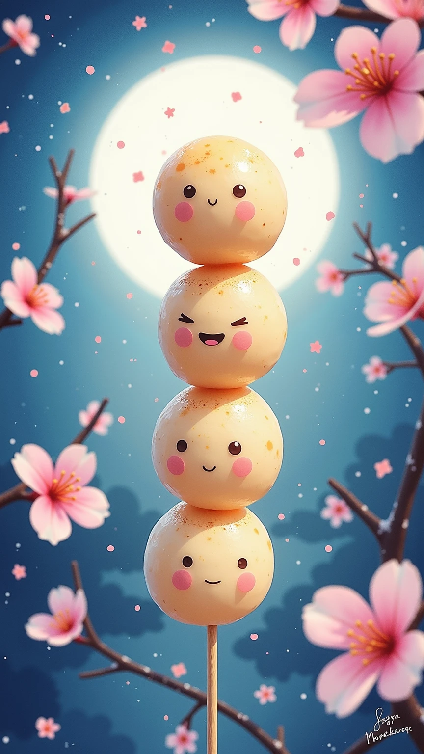 (The personification of dango),Cherryblossom,moon night,watercolor ...
