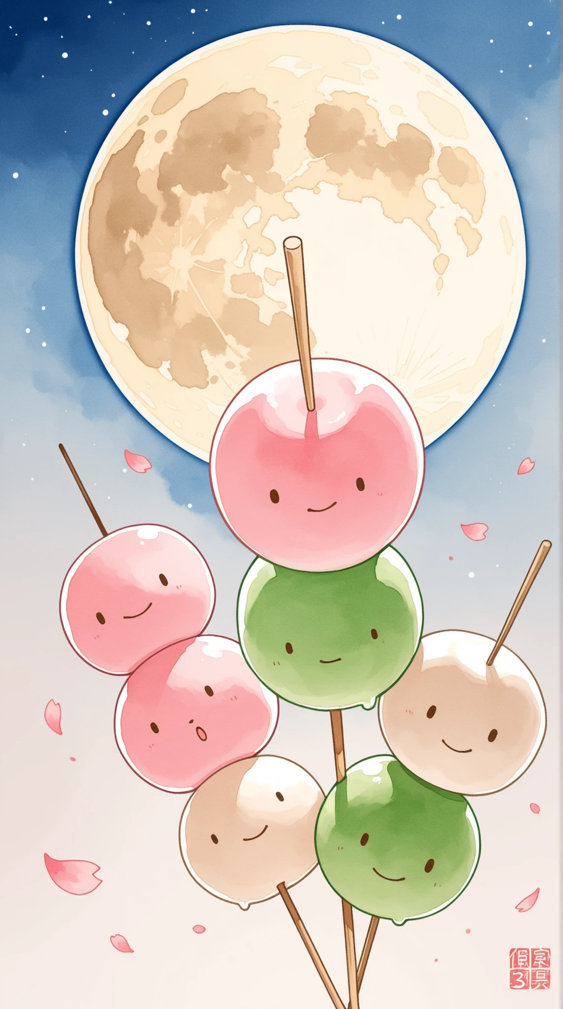 (The personification of dango),Cherryblossom,moon night,watercolor ...