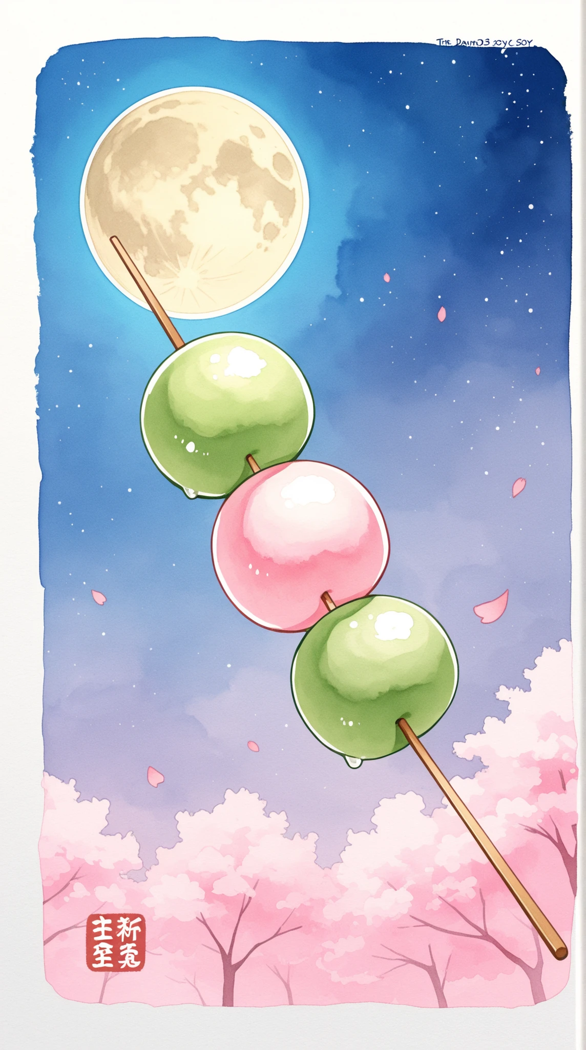 (The personification of dango),Cherryblossom,moon night,watercolor ...