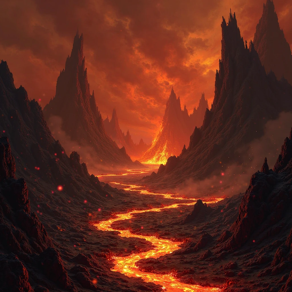 Muspelheim,a harsh, fiery landscape with volcanoes - SeaArt AI