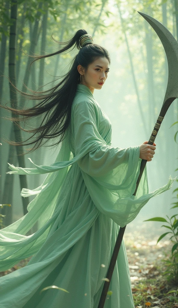 A graceful Chinese female warrior wielding two scythes, surrounded by ...