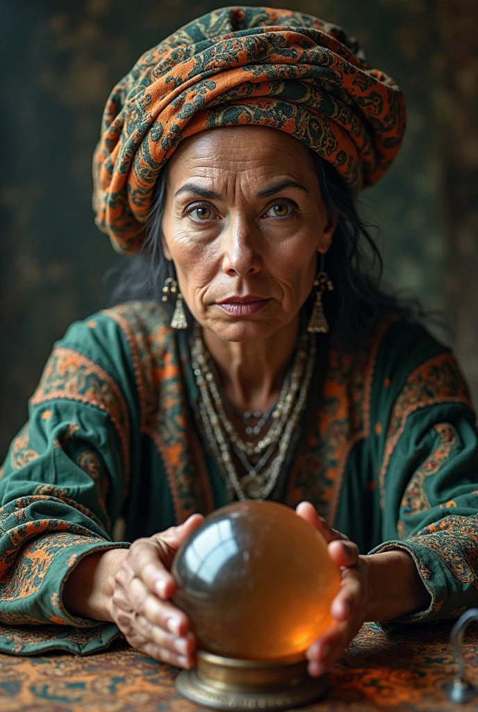 Woman cartomante, 50 years old, Fortune teller's signature turban and ...