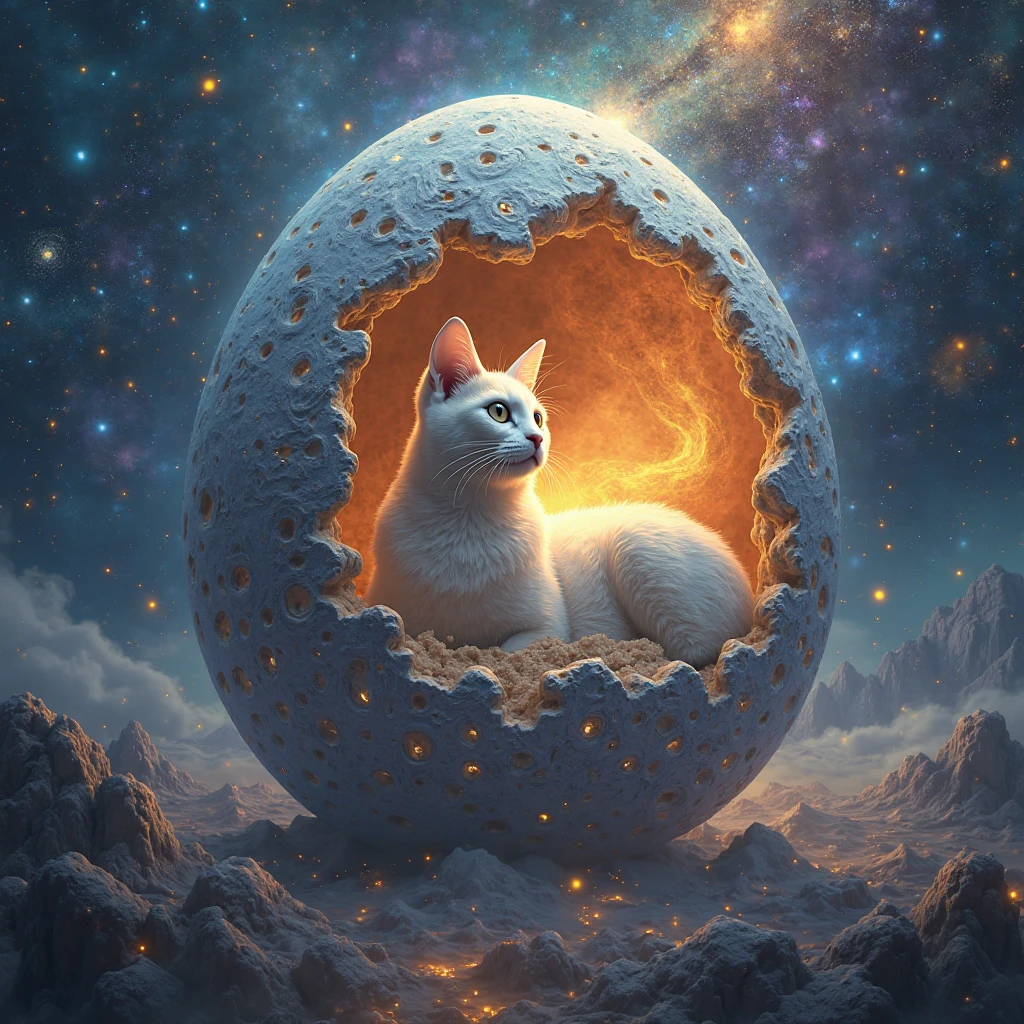 The Cosmic Egg (cosmos)(galaxy) (Inside the egg a cosmic cat - SeaArt AI