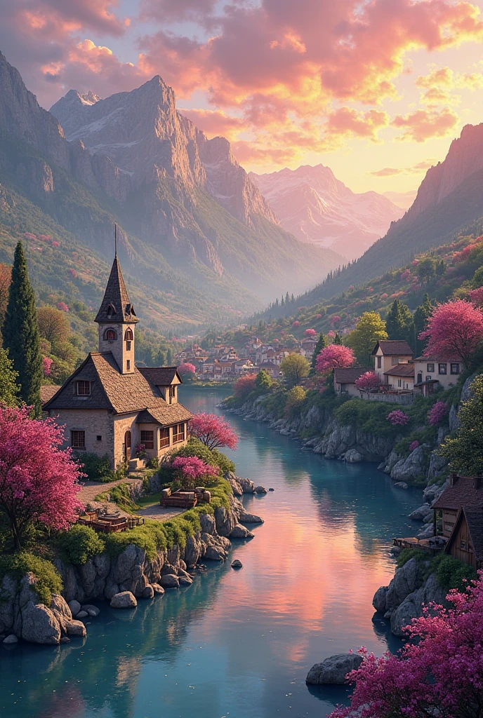 Small village by the river, mountains in the background, colorful pink ...