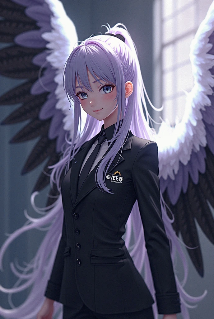 Falling angel with clear eyes long silver purple hair tied backwards ...