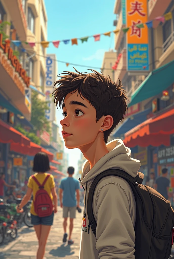 A simple young man standing on a popular street in Mansoura, wearing ...