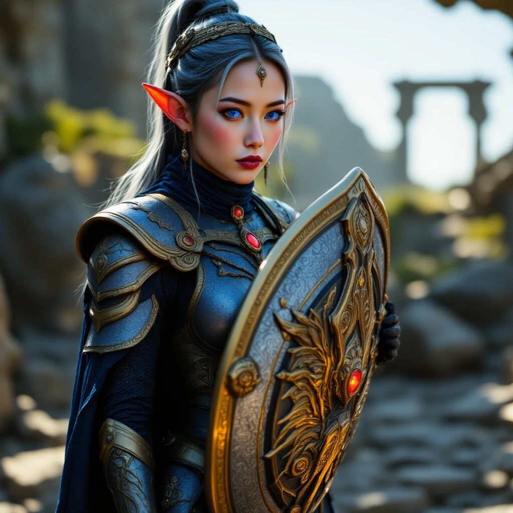 Regal looking Female Elf with long thin ears, bright bright glowing ...