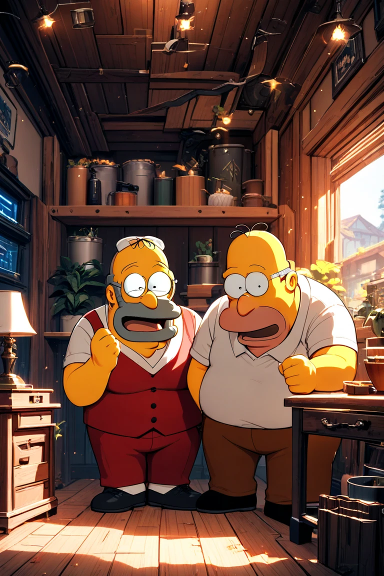 Three (Homer simpson; 1.5) triplettes side by side in a cartoon home ...