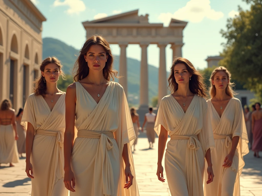Group of Greek women in ancient Greece dressed in light colors with a ...