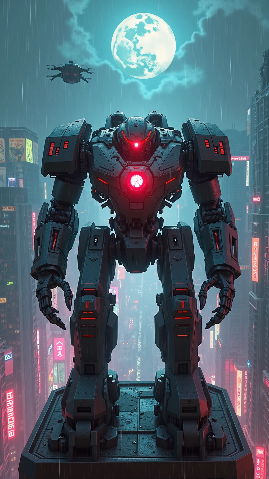 Subject: A colossal armored mech sentinel perched on a rain-slick ...