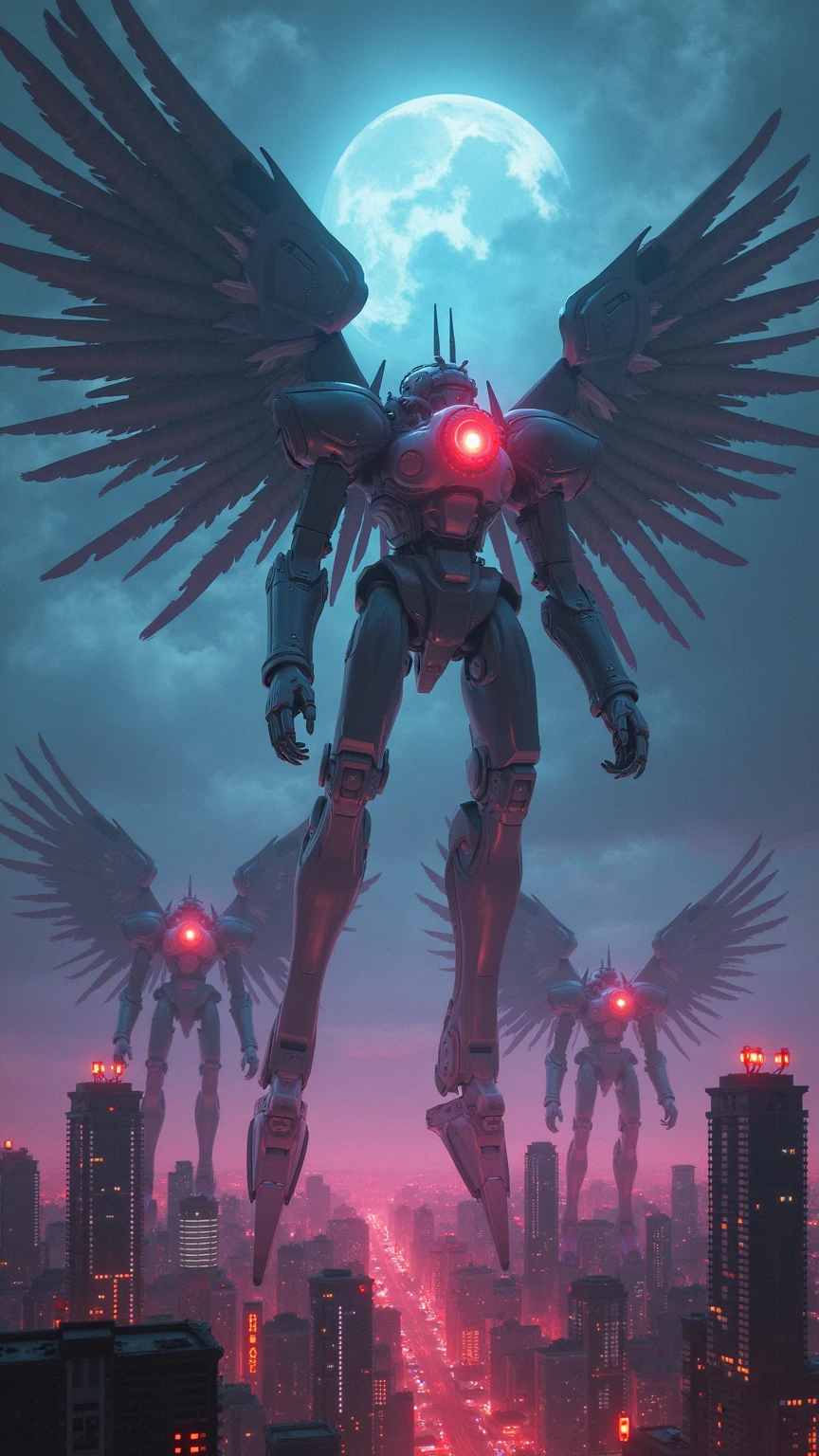 Subject: colossal winged mech-sentinels with glowing cores and angular ...