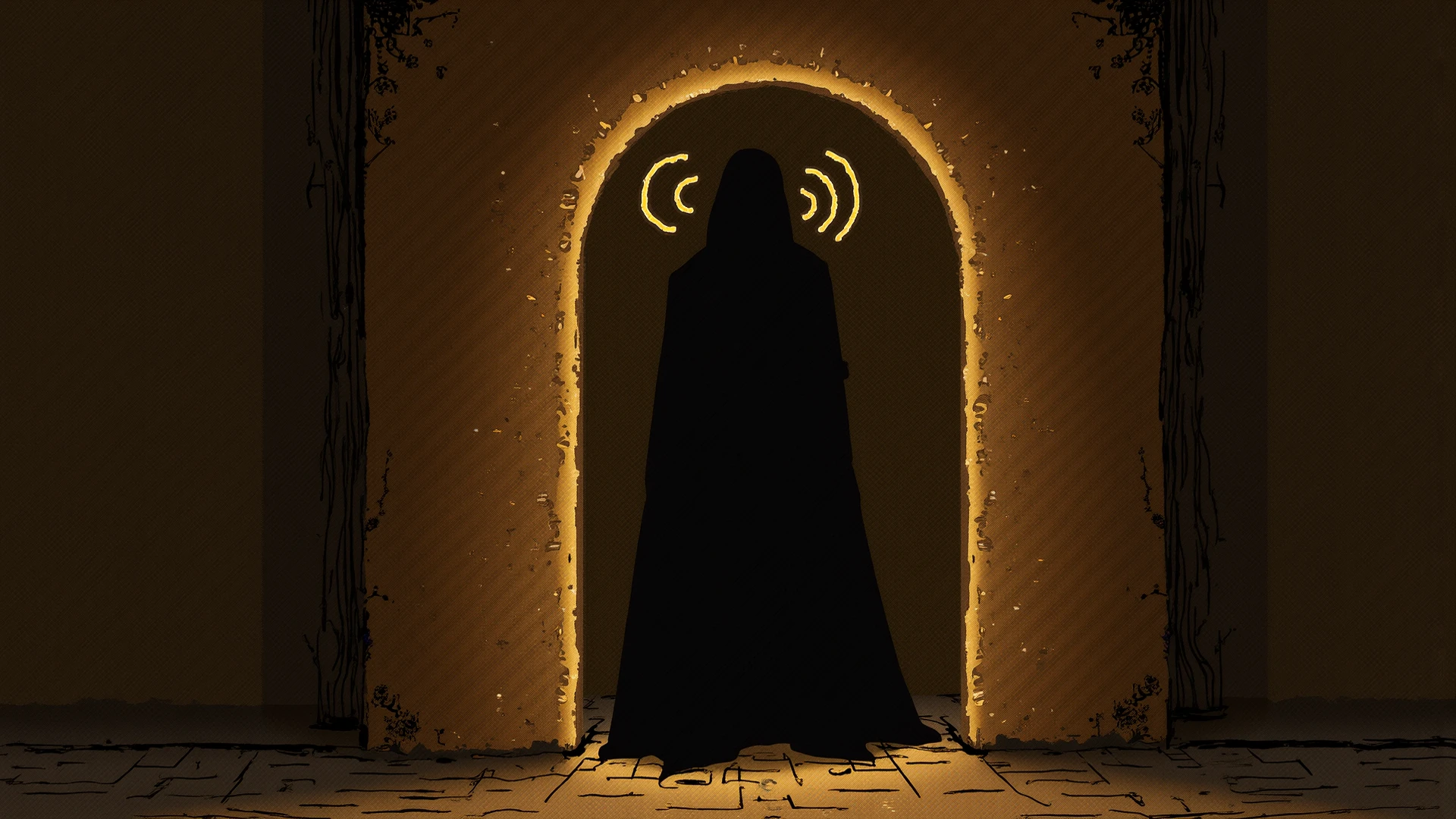 A cloaked figure inside a deeper wall niche with sound waves ...