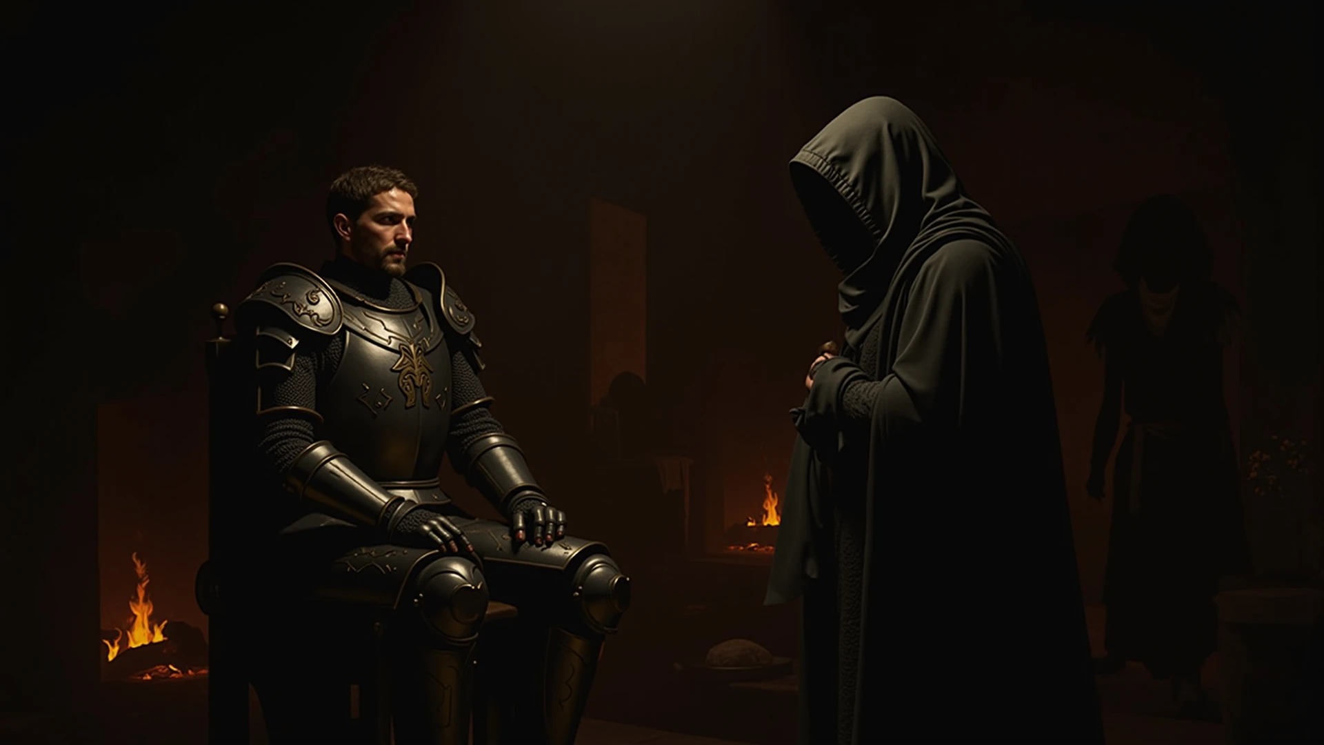 A knight in gleaming armor sits comfortably beside a hearth, while in ...