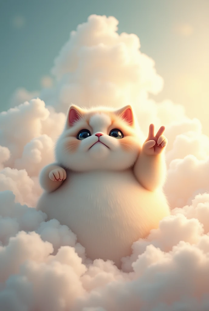 A cute chubby cat makes a peace sign with its paw,engulfed with a white ...