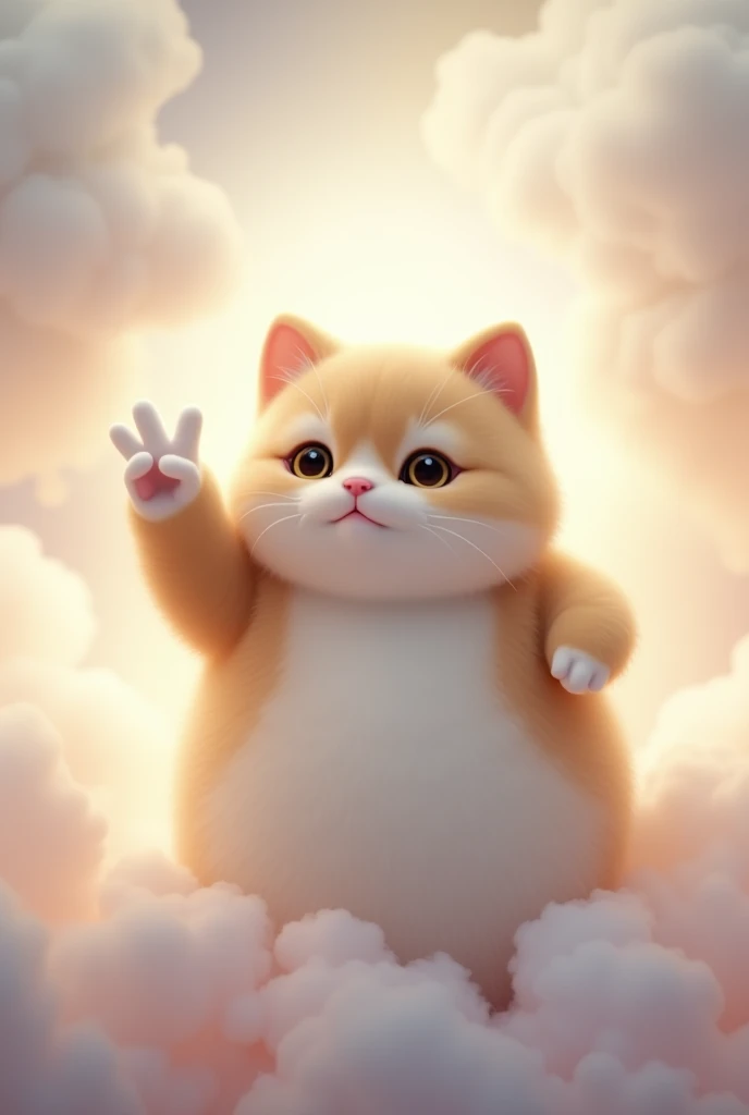 A cute chubby cat makes a peace sign with its paw,engulfed with a white ...