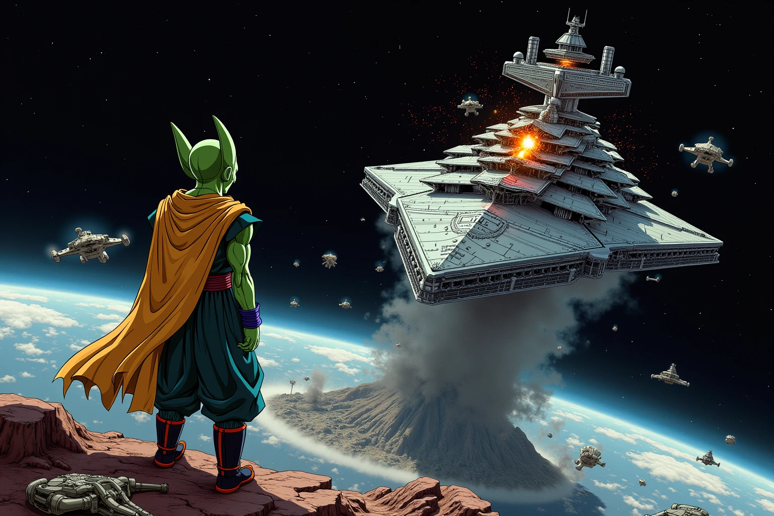 (DBZ meets Star Wars) dragon Ball Z's Cell is flying in space - SeaArt AI