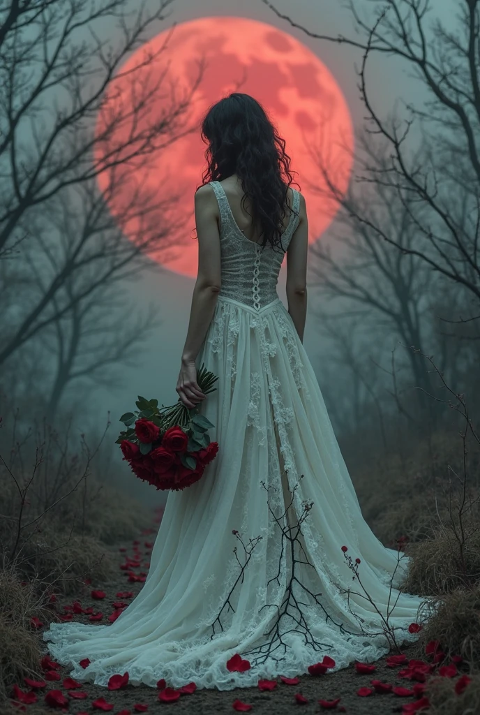A dark fantasy scene featuring a mysterious, ethereal bride standing ...