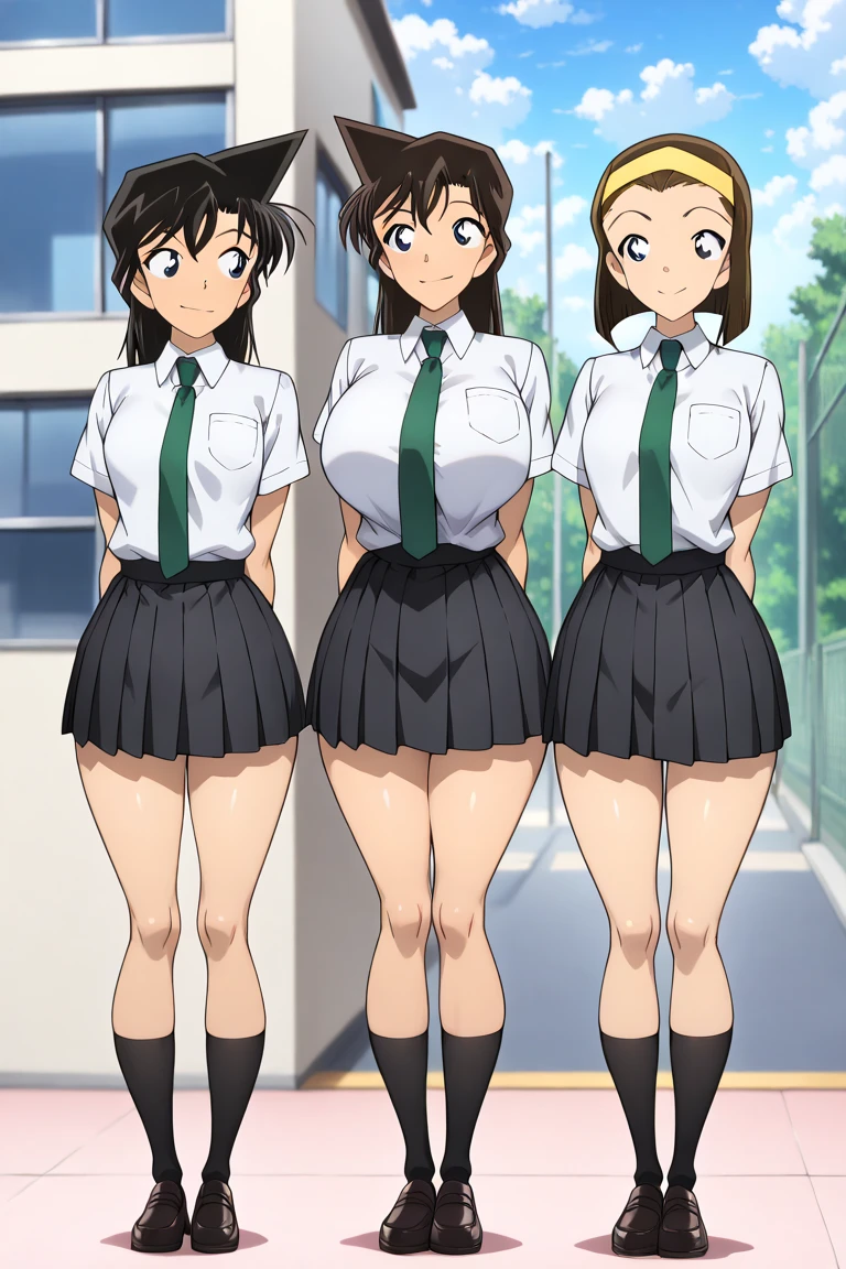 3 girls, high school girl, Mouri Ran with ((black hair), (long hair - SeaArt AI