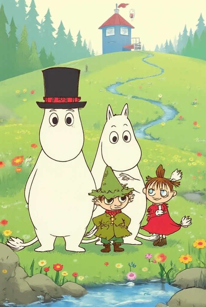 A white and round Moomin、Snufkin wearing a large green hat and coat ...