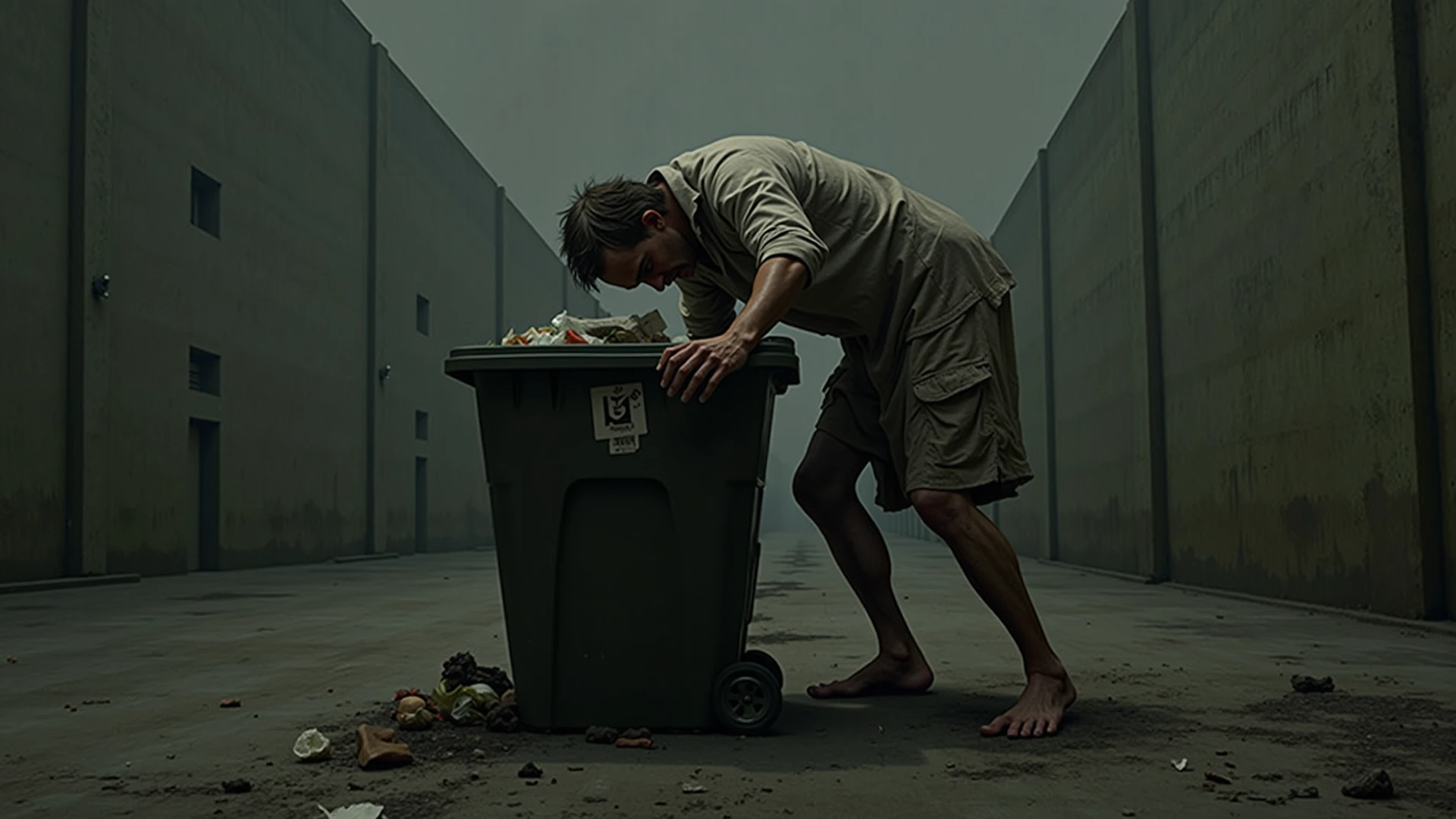 Subject: Emaciated prisoner hunched over garbage bin searching for ...