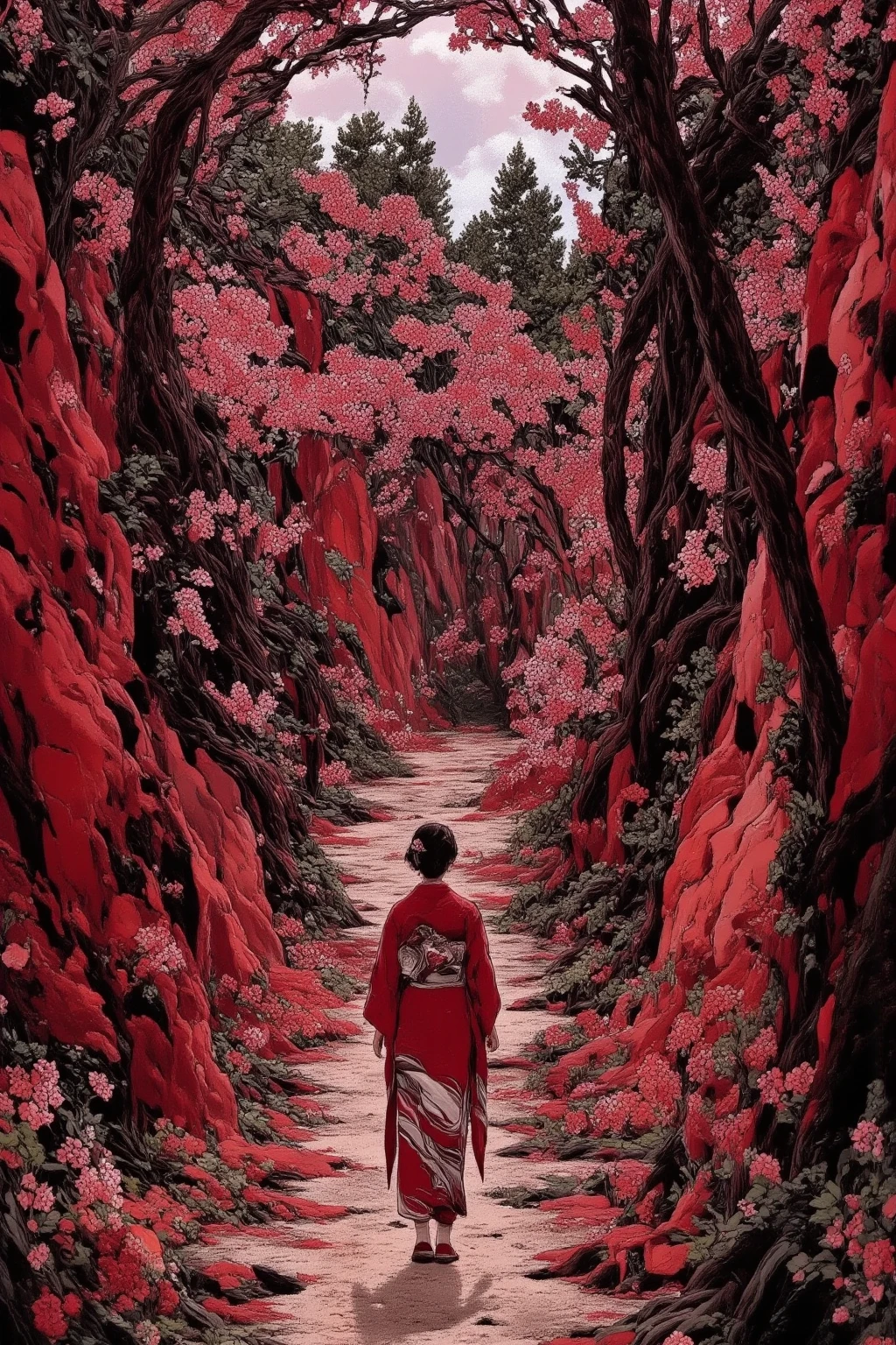 A woman wearing a kimono、walking along a narrow path sandwiched between ...