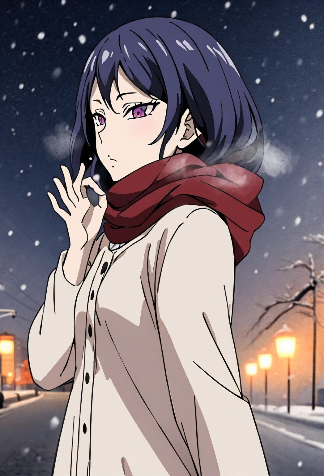 Anime girl, wistful expression, pink eyes, medium-length magenta hair ...