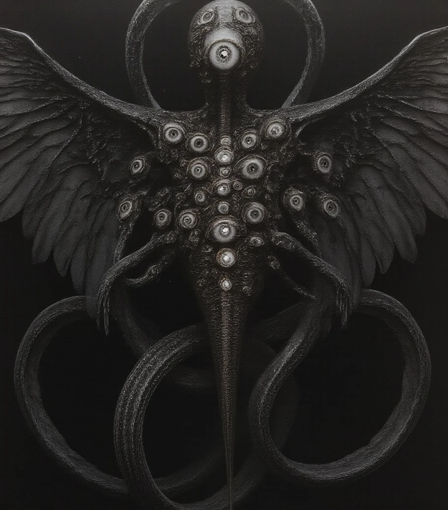 Creature part snake like an ophanim dark creature with dark wings and ...