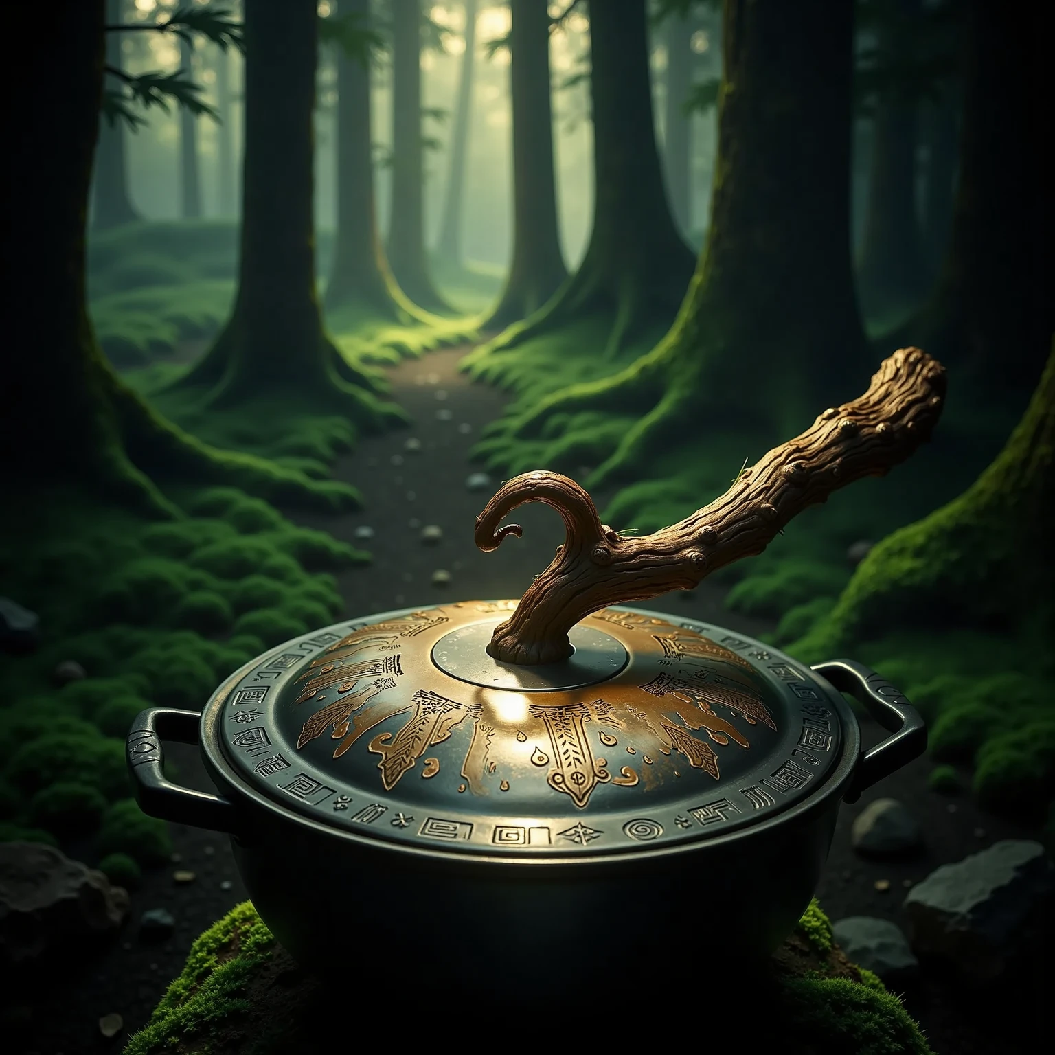 (Legendary equipment),pot lid with pot handle ,(cypress stick - SeaArt AI