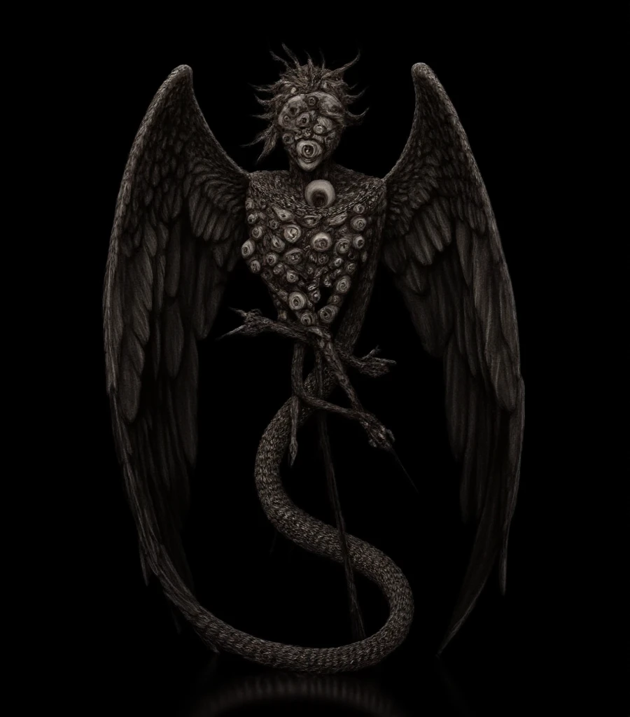 Creature part snake like an ophanim dark creature with dark wings and ...