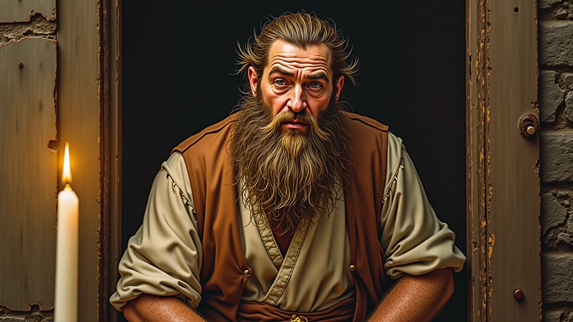 Prompt 49: "A burly man with a rough beard gives a disgruntled glare ...