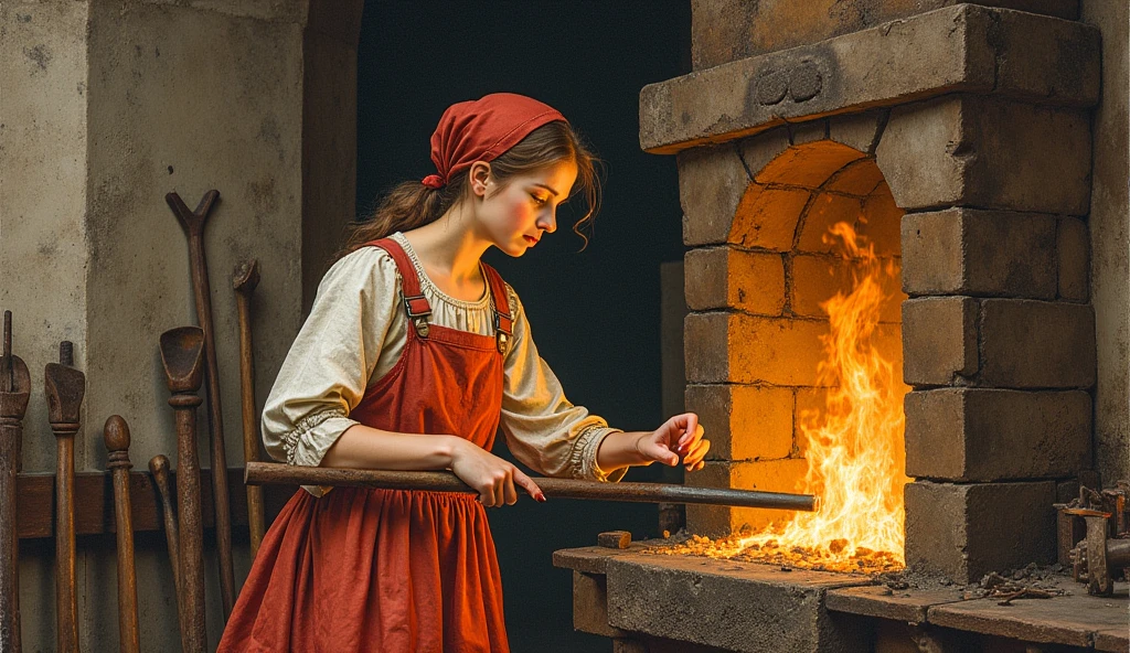 A young woman helping in the forge, lifting heavy metal tools with the ...
