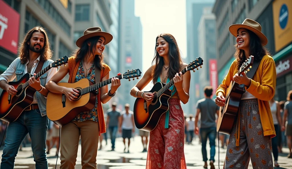 Young hippie musicians are singing, playing street music in big cities ...