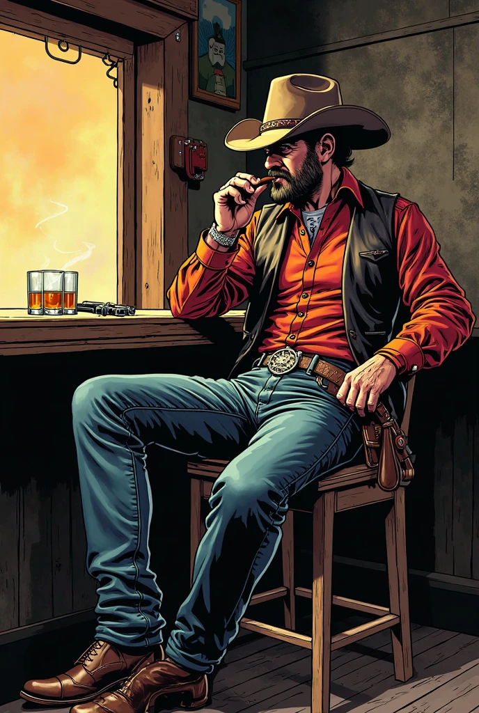 Create an image for a comic, The scene of a cowboy sitting at a bar in ...