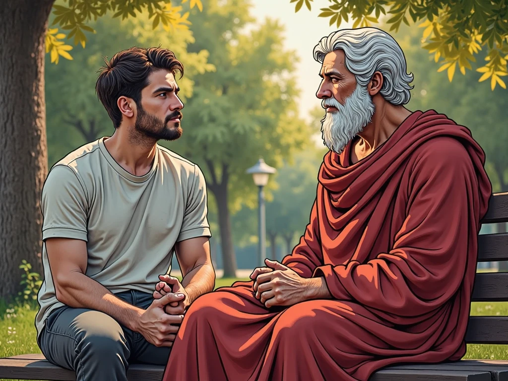 A comic-style scene showing a powerful interaction: a modern man ...