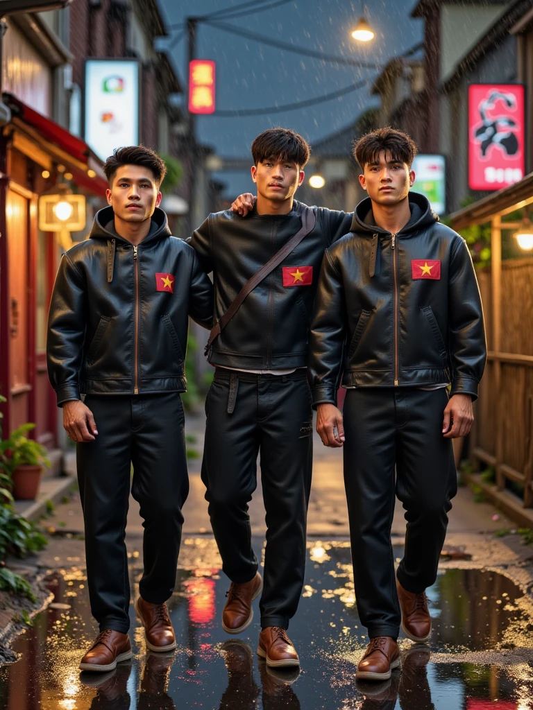 Three muscular Vietnamese young men walking together in the rain on a ...
