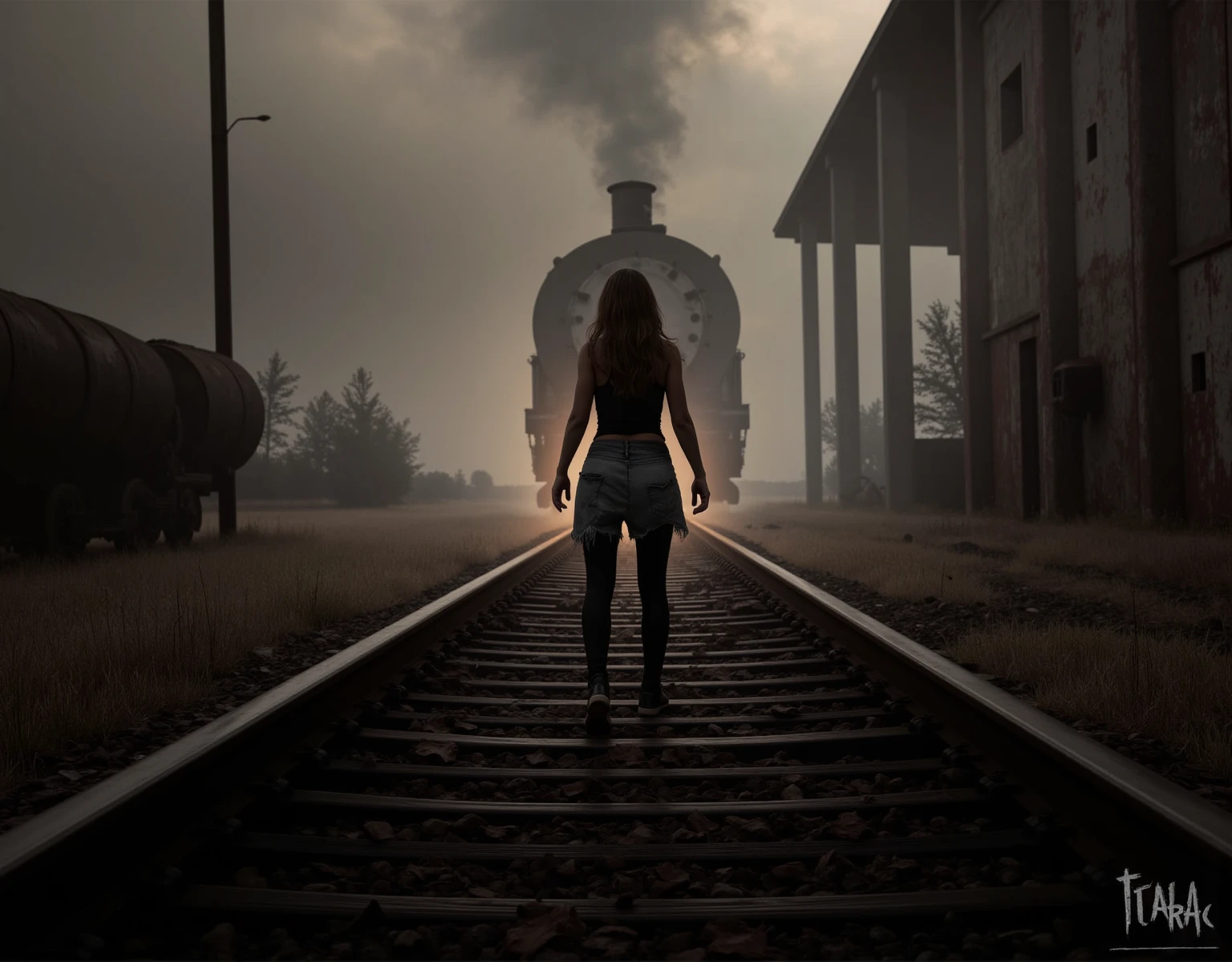 A girl is standing on the rails from behind a train is approaching ...