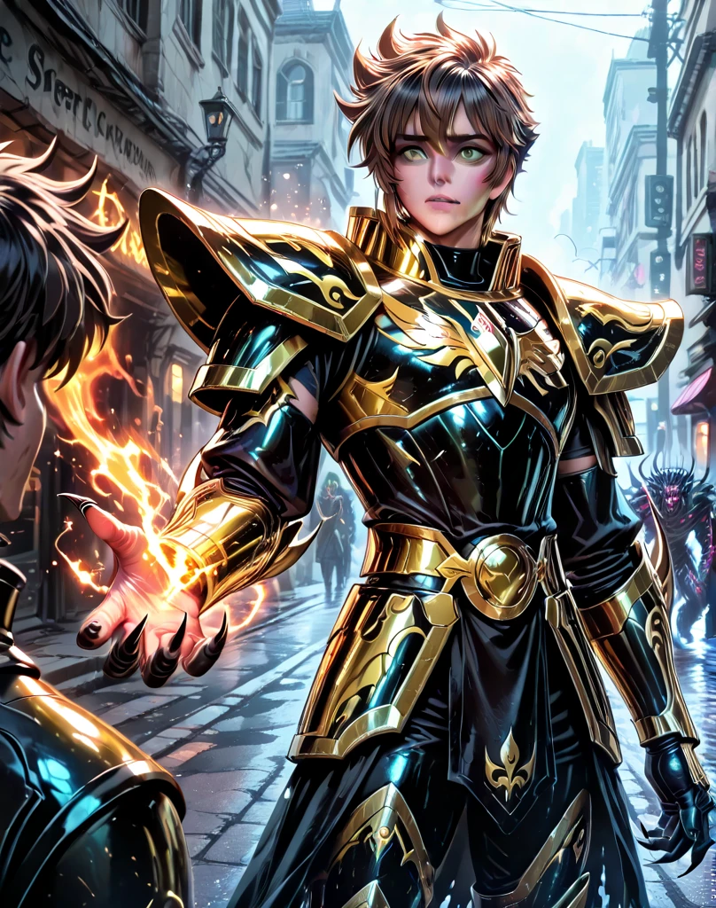 Anime character in gold armor standing in front of a building - SeaArt AI