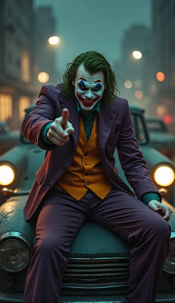 A realistic, high-definition image of Joker sitting on top of a car in ...