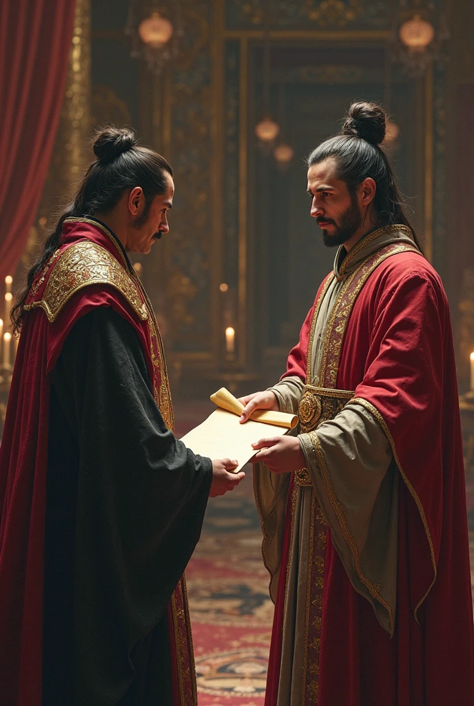 A king's leader handing a scroll to King Daro with a false smile - SeaArt AI