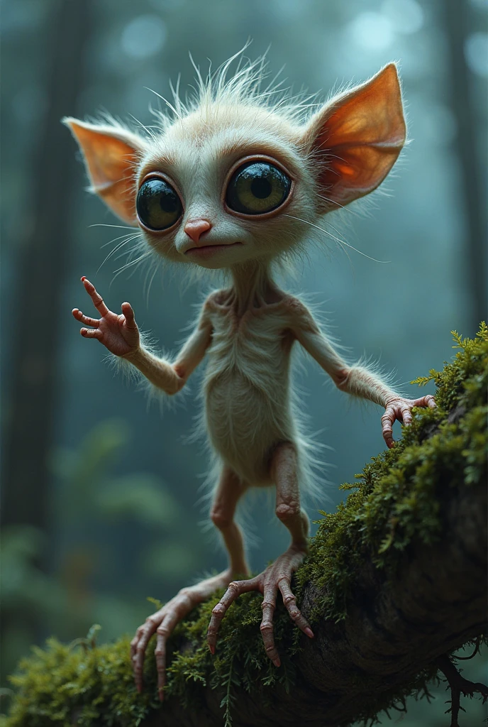 A photorealistic image of a bizarre forest creature perched on a mossy ...