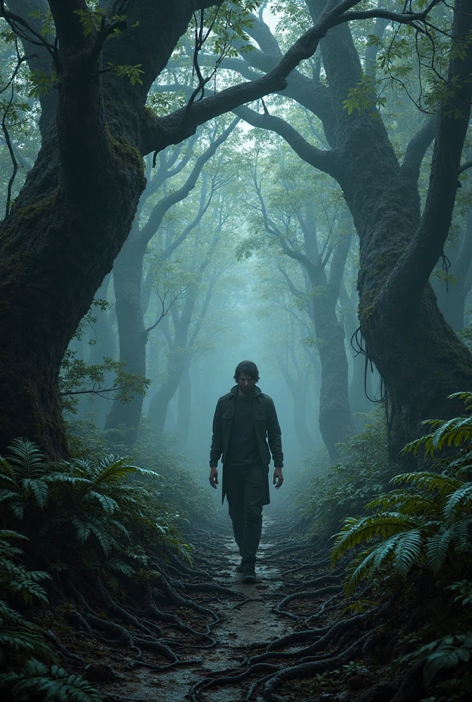A man walks in a dark forest - SeaArt AI