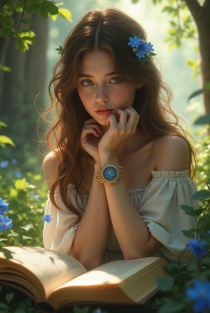 A girl with brown hair and light blue eyes reading a book and a watch ...